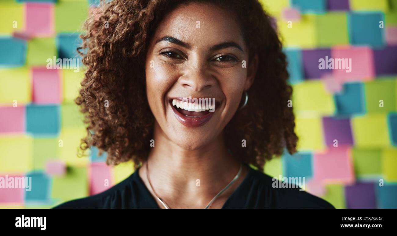 Laughing, creative and portrait of business woman for project ...