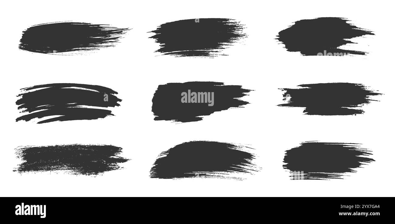 Black brush strokes set with rough edges uneven shapes. Bold smears ...