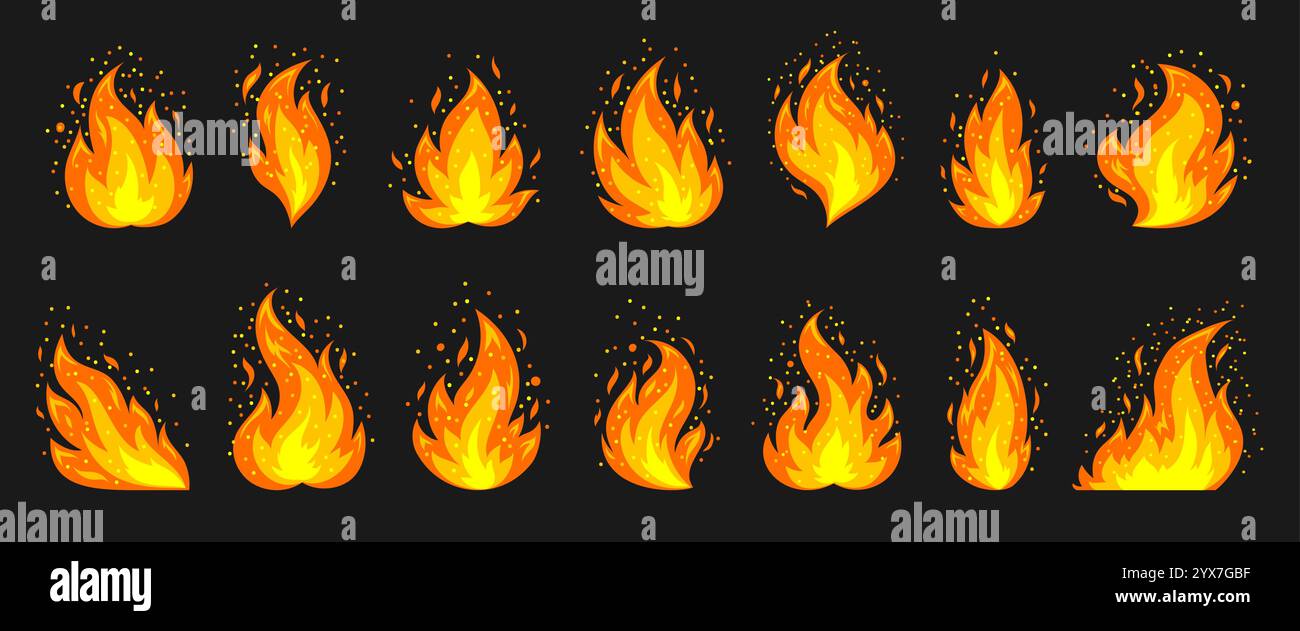 Cartoon fire set. Sparkling igniting flame. Hot temperature blazing ...