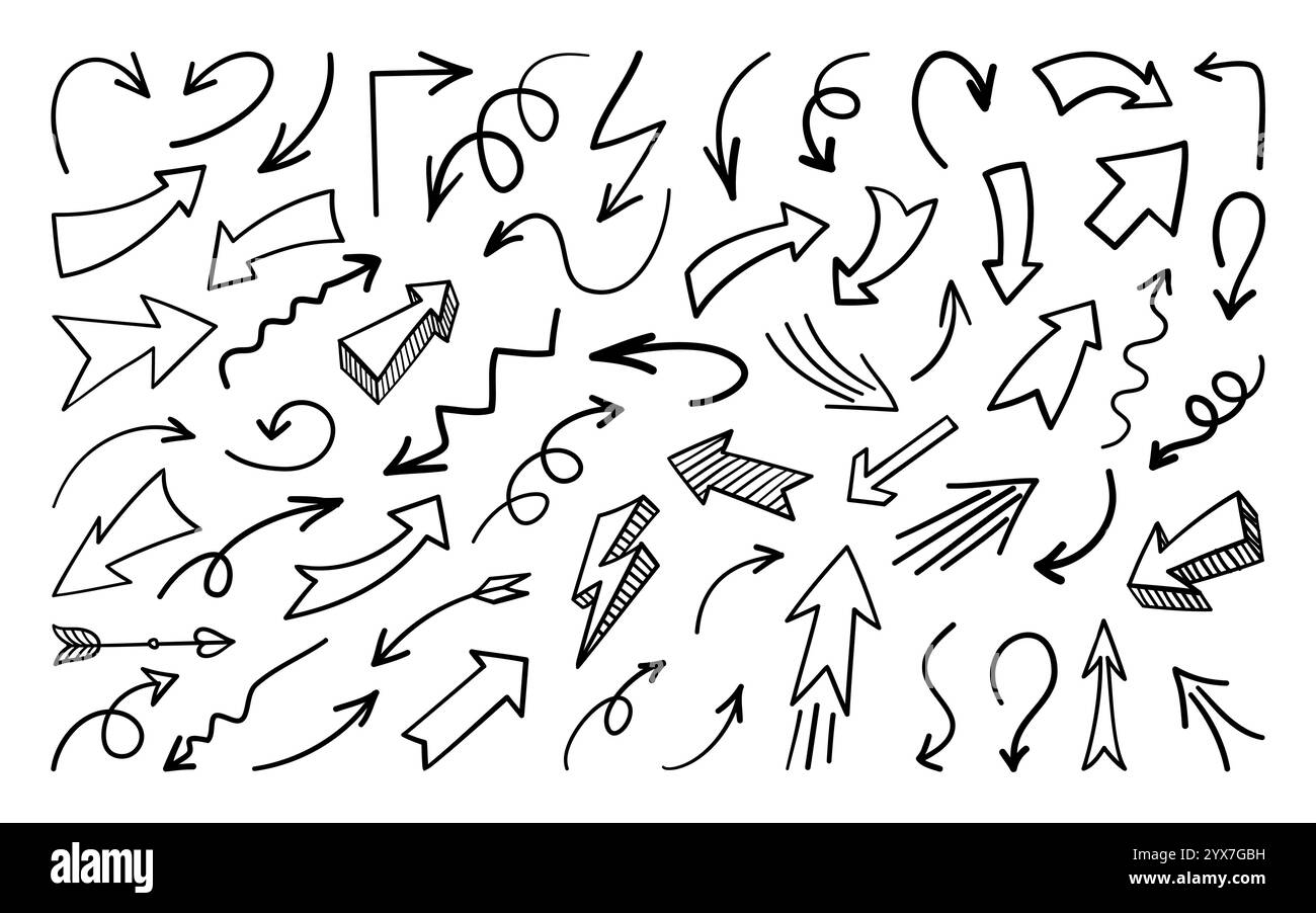 Hand drawn arrow doodle black line set. Different shape spiral curved ...