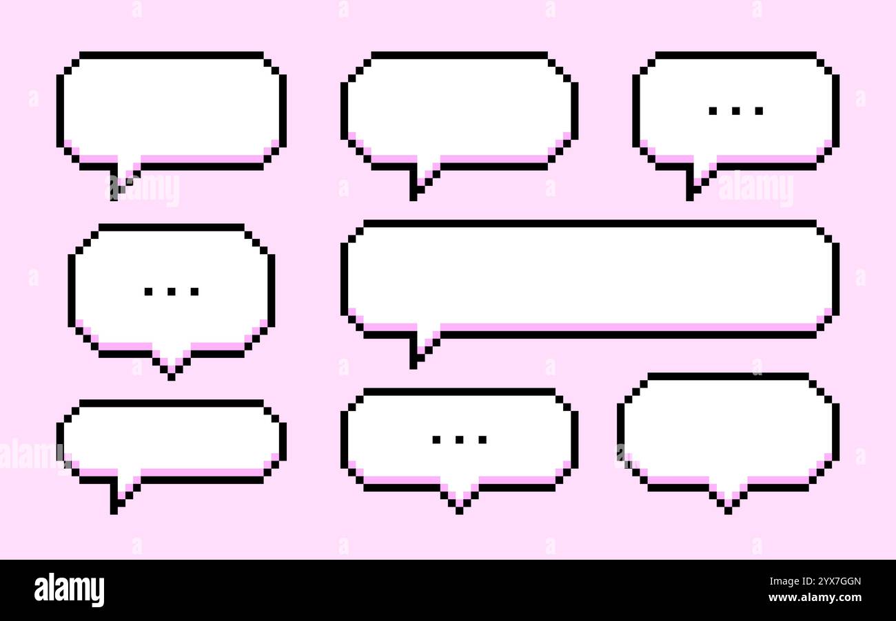 Set of pixel art speech bubbles. Various messages and dialog boxes on a pink background. Vector ...