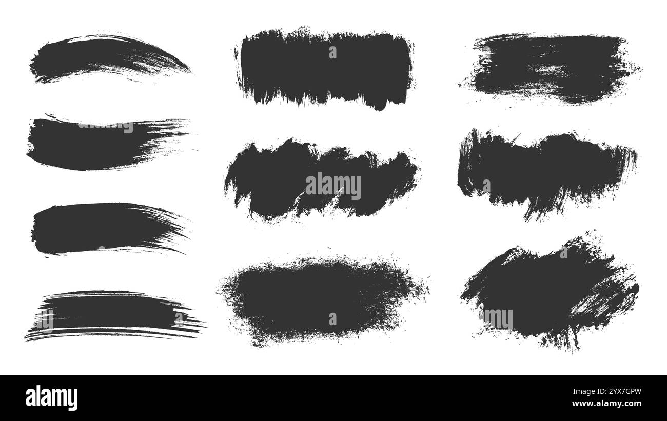 Black brush strokes set in different shapes. Smooth lines, rough ...