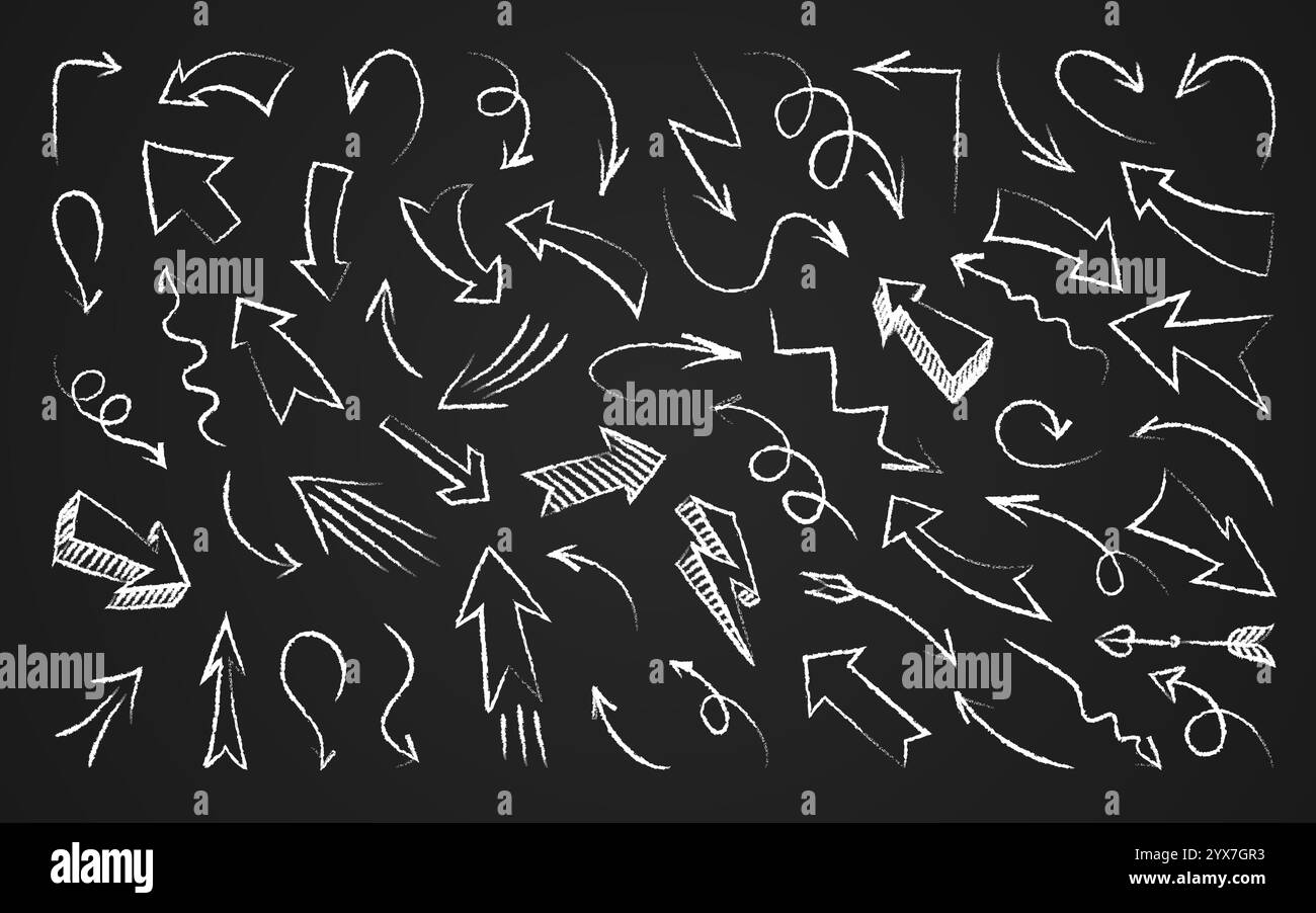 Arrow hand drawn white chalk doodle set on blackboard. Different shape ...