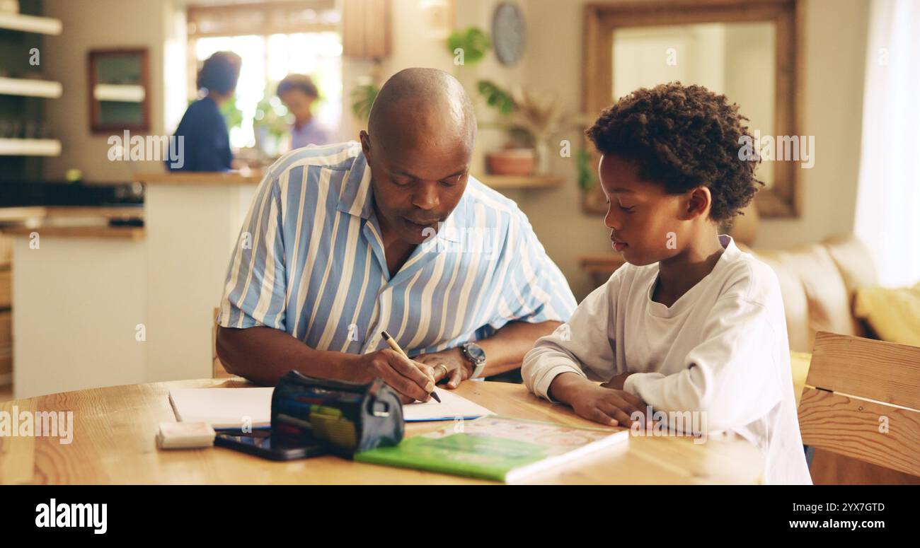 Studying, help and dad with notebook, child and education for boy ...