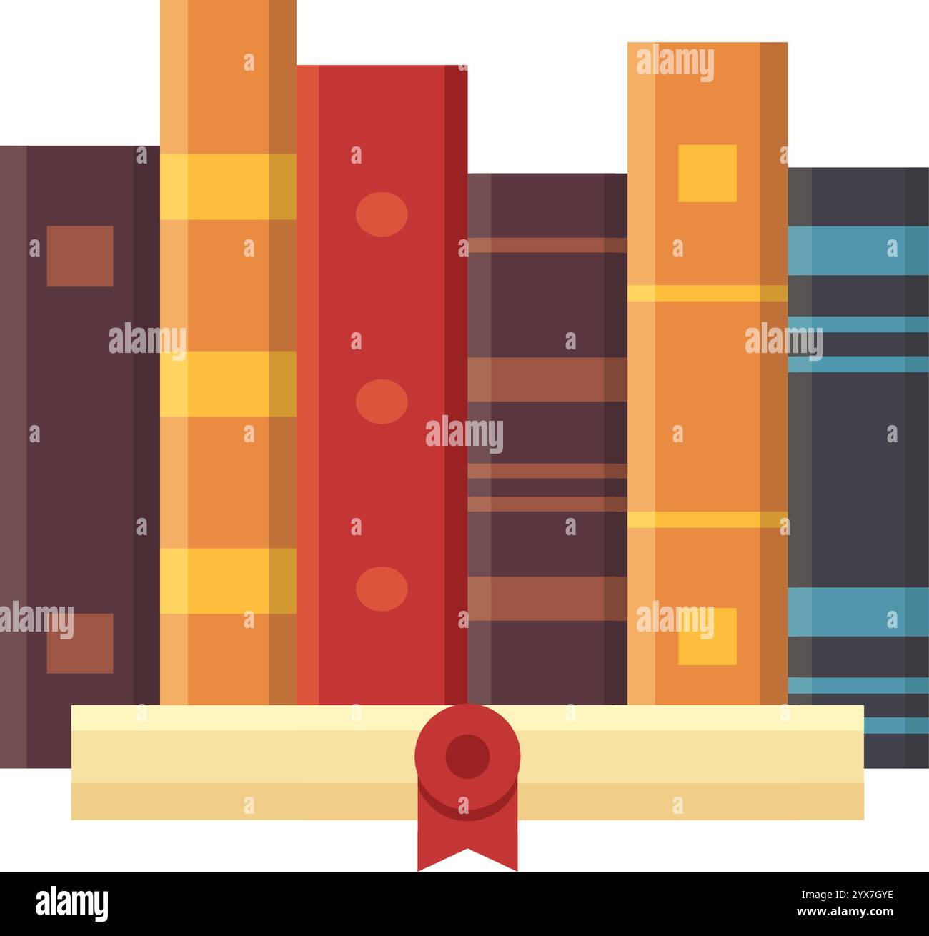 Colorful books standing upright on a shelf with a rolled up diploma ...