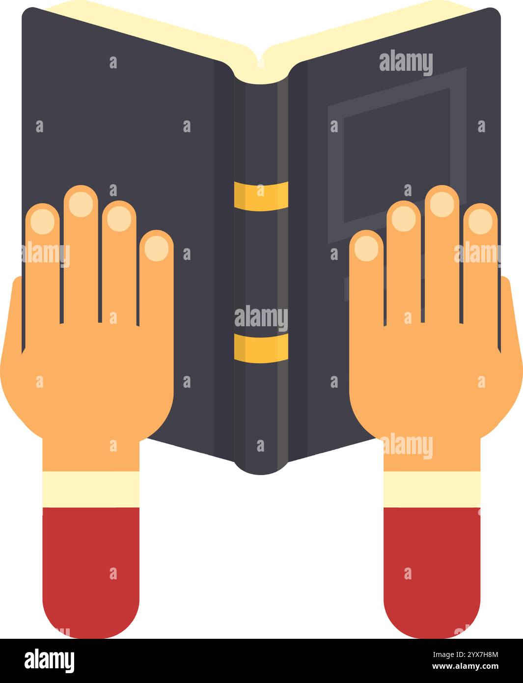 Two hands holding and reading a large open book with a dark cover and ...