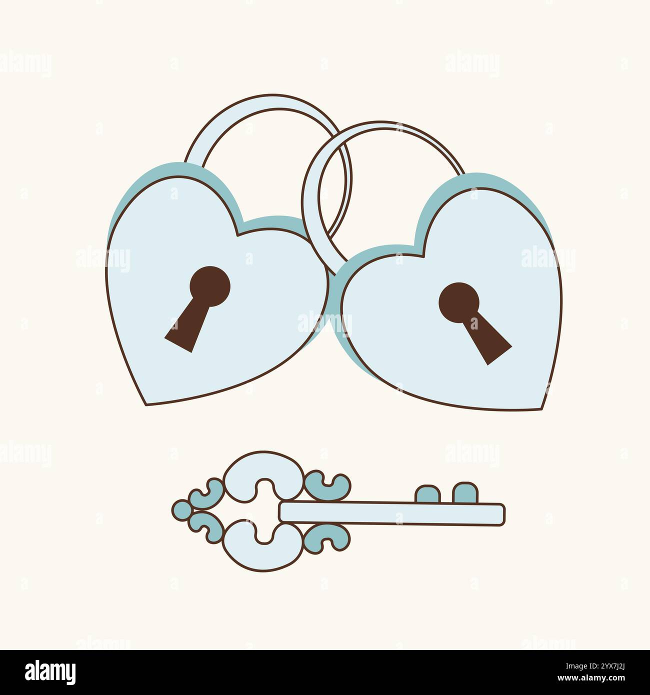 Two heart-shaped locks are connected together and a key. Valentine's ...