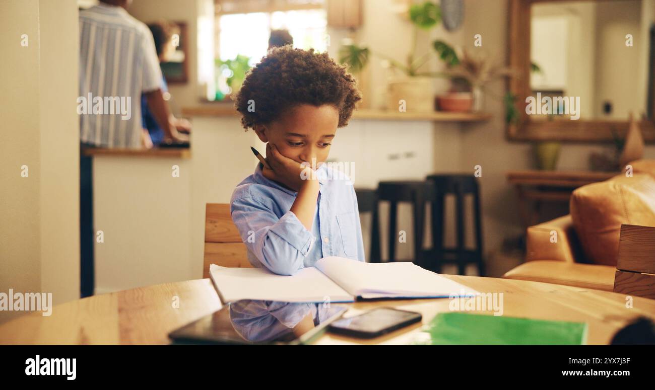 Student, boy and homework with thinking in home for problem solving ...