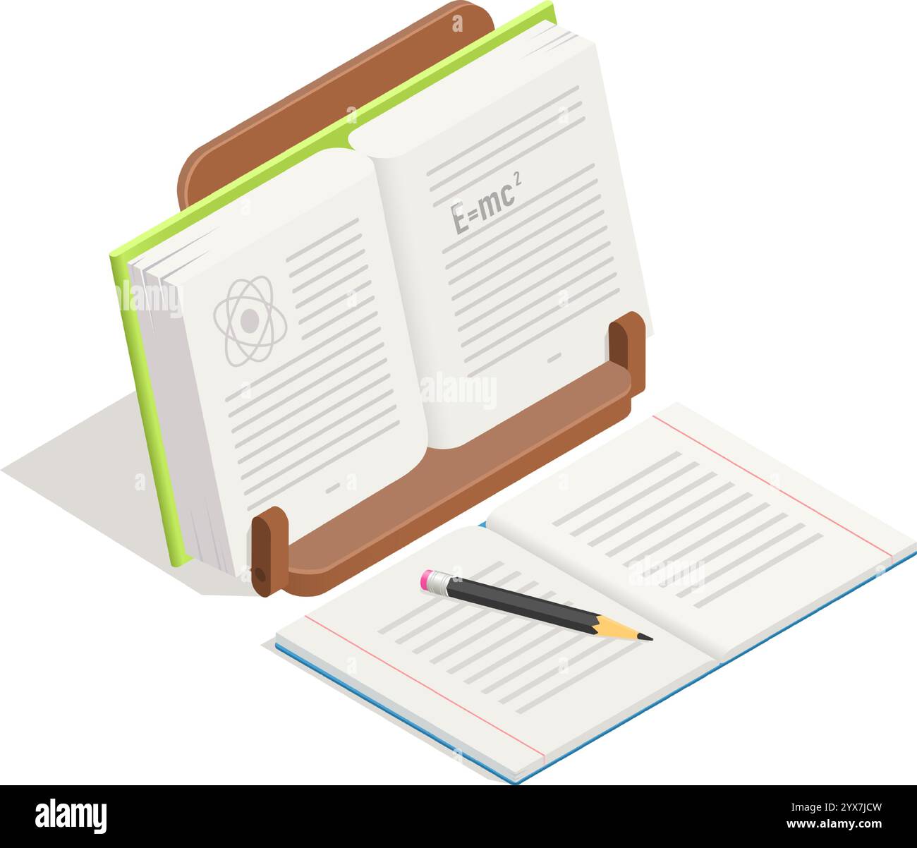 Open textbook showing theory of relativity formula and atom symbol on ...