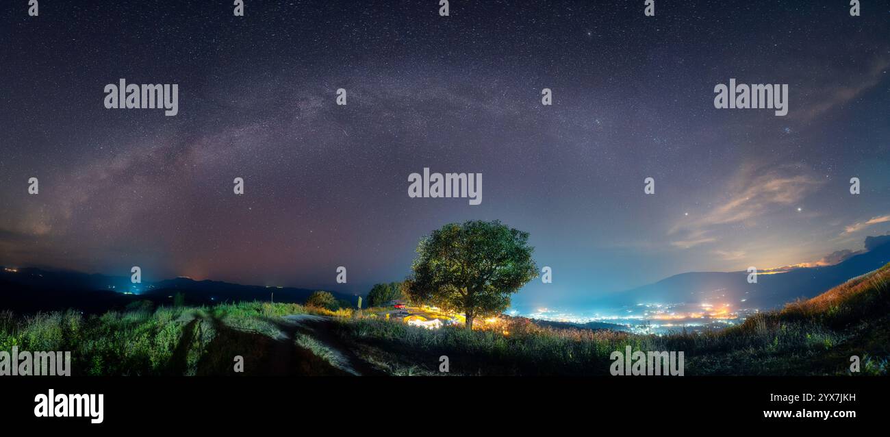 Panorama of Milky way with starry over big tree on hill in the night at ...