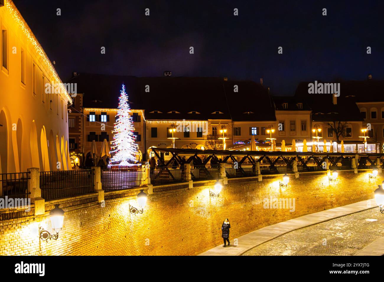 Christmas tree and decorative lights at night in the Small Square ...