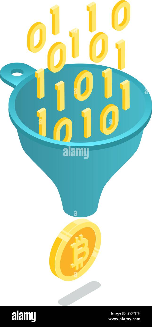 Binary code is being processed through a funnel, transforming into a bitcoin cryptocurrency ...