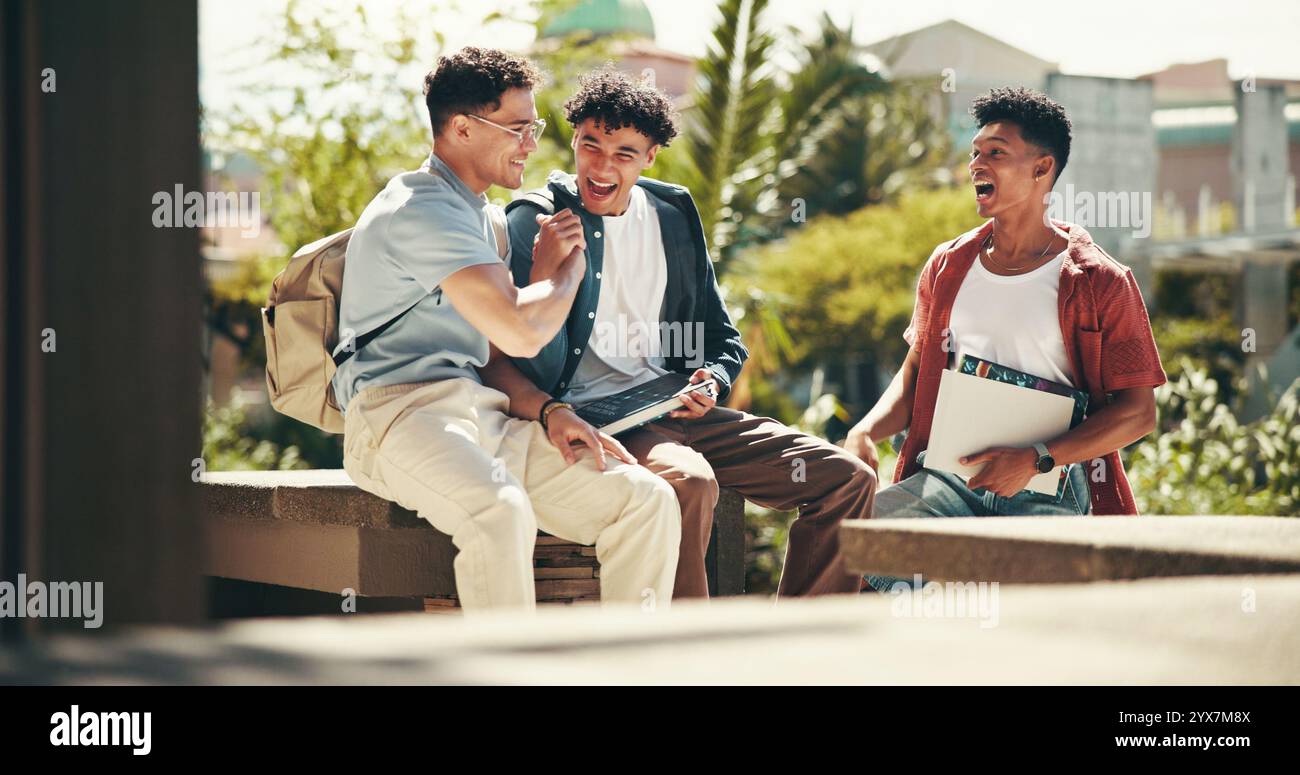 People, students and campus for handshake, outdoor and friends speaking ...