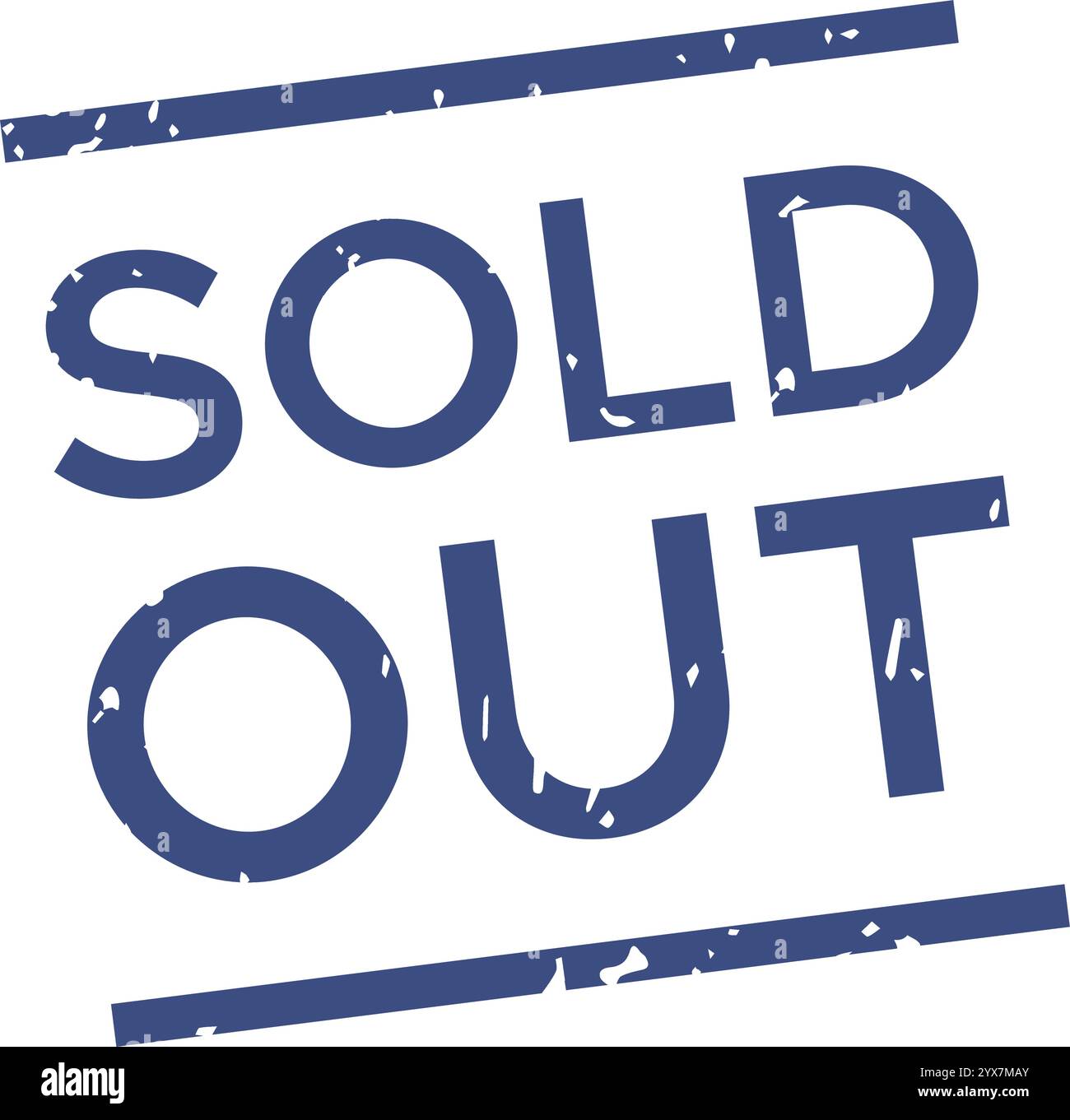 Sold out blue ink grunge rubber stamp imprint resting on a white background captures attention ...
