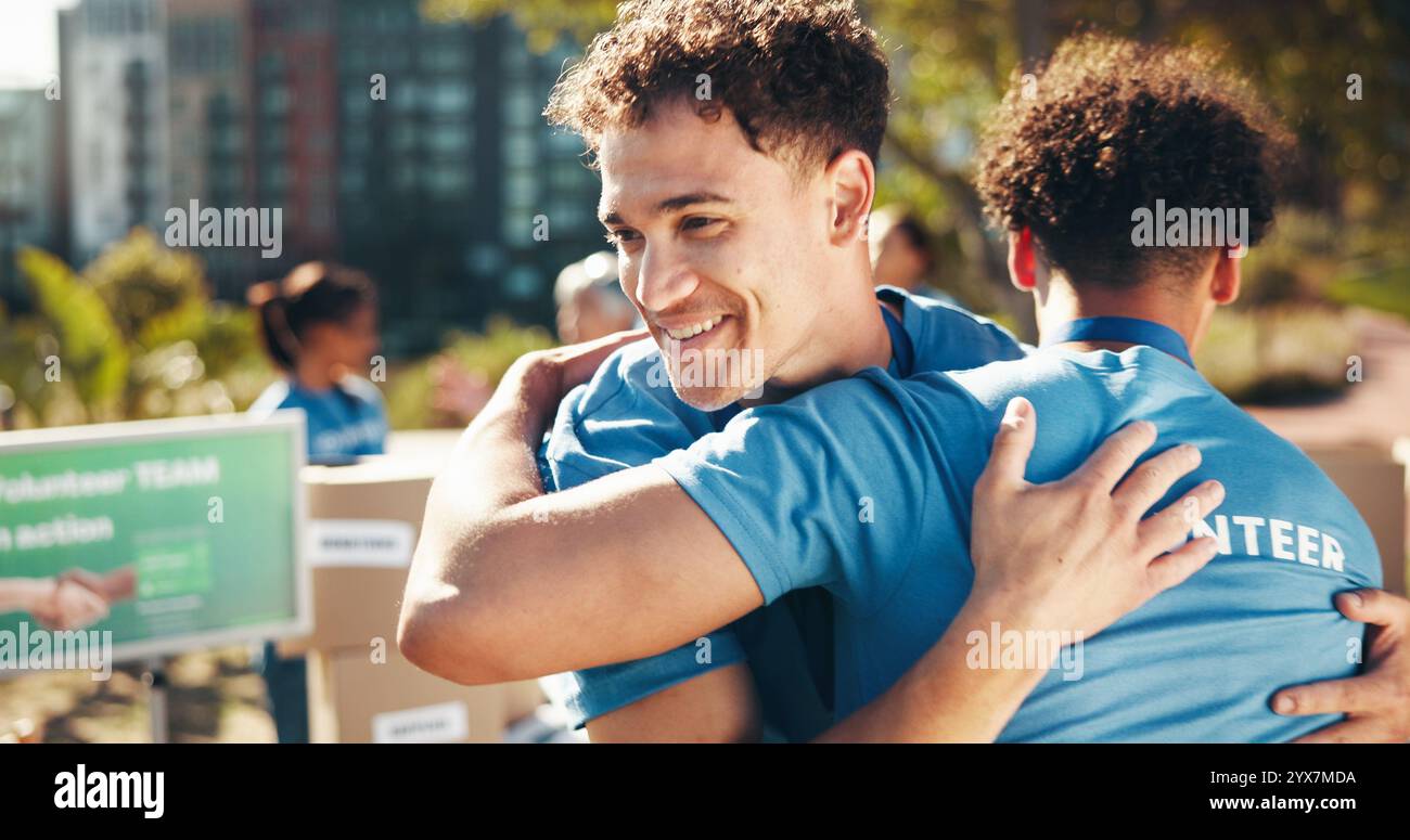 Hug, smile and volunteers for charity, men or collaboration of friends ...