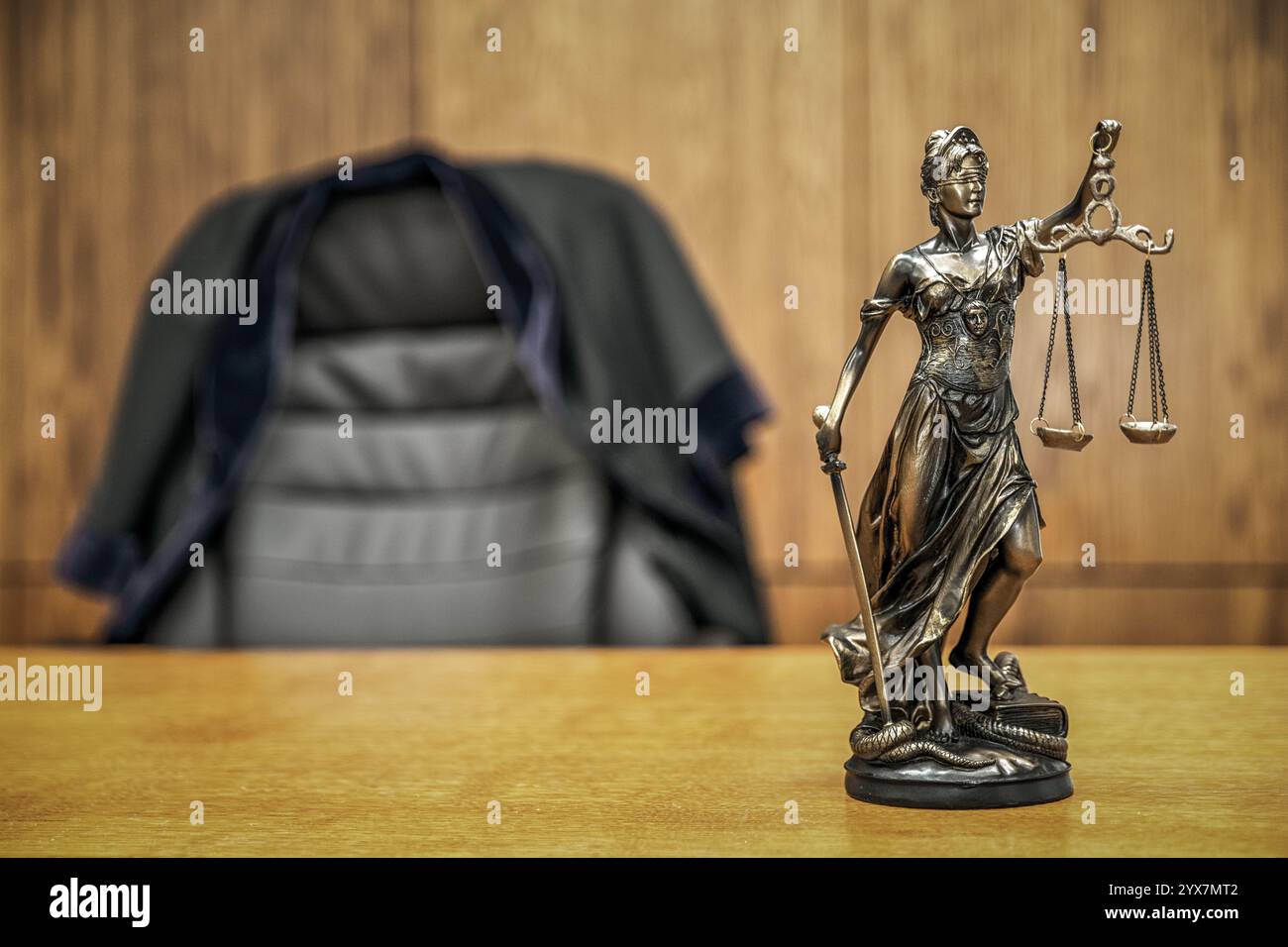 Statue of justice and judge robe. Lady Lustitia in courtroom Stock ...