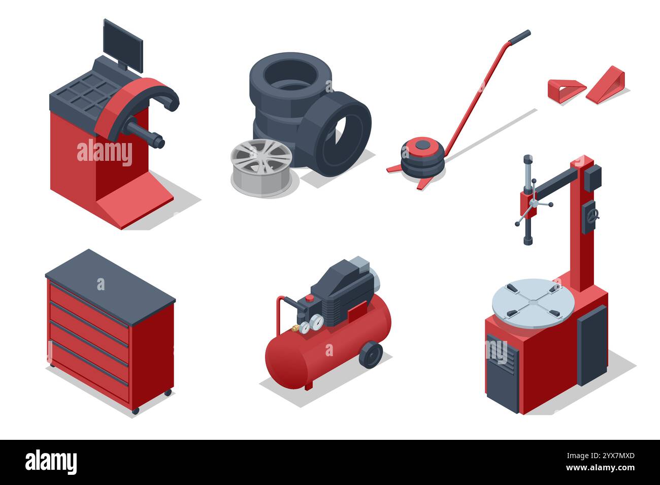 Isometric illustration of tire service equipment, including a balancing ...