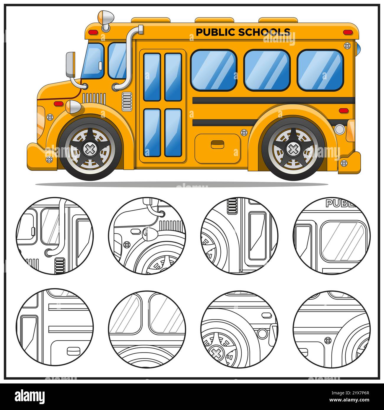 Children's game, puzzle. School bus. Find and match the correct part ...