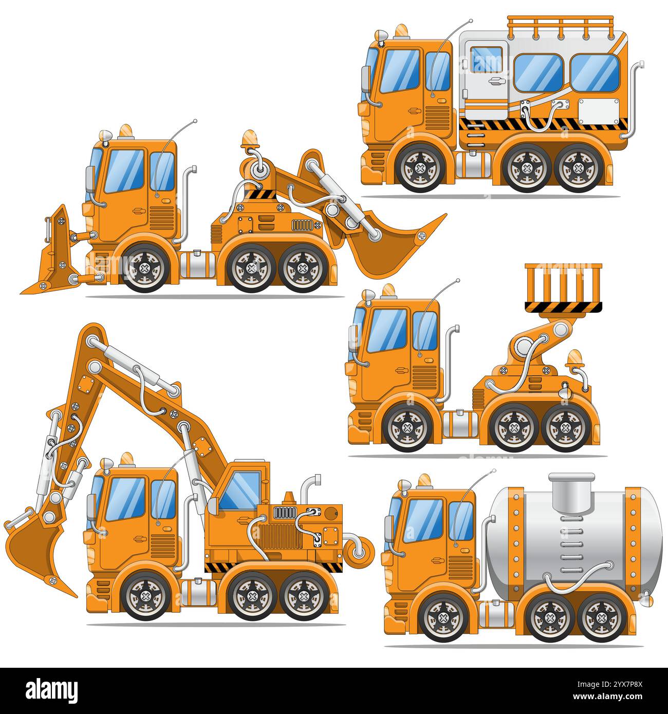 Set of cars for construction. Side view. Isolated on white background ...