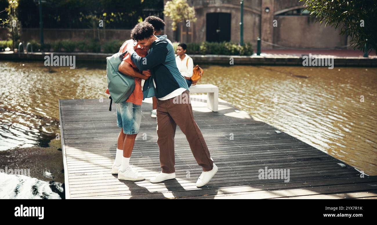 People, students and campus for hug hello, outdoor and friends talking ...