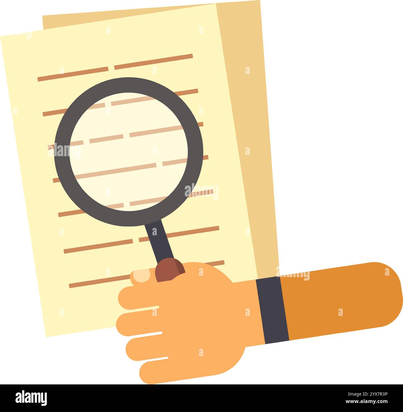 Hand holding a magnifying glass while examining a document filled with ...