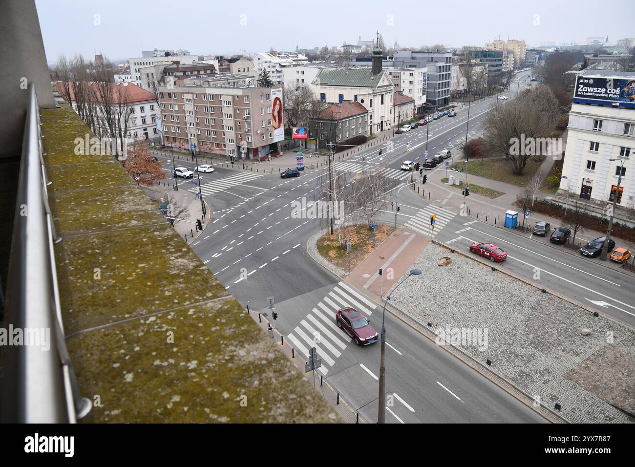 Overlooking bustling intersection in Warsaw Poland, pedestrians ...