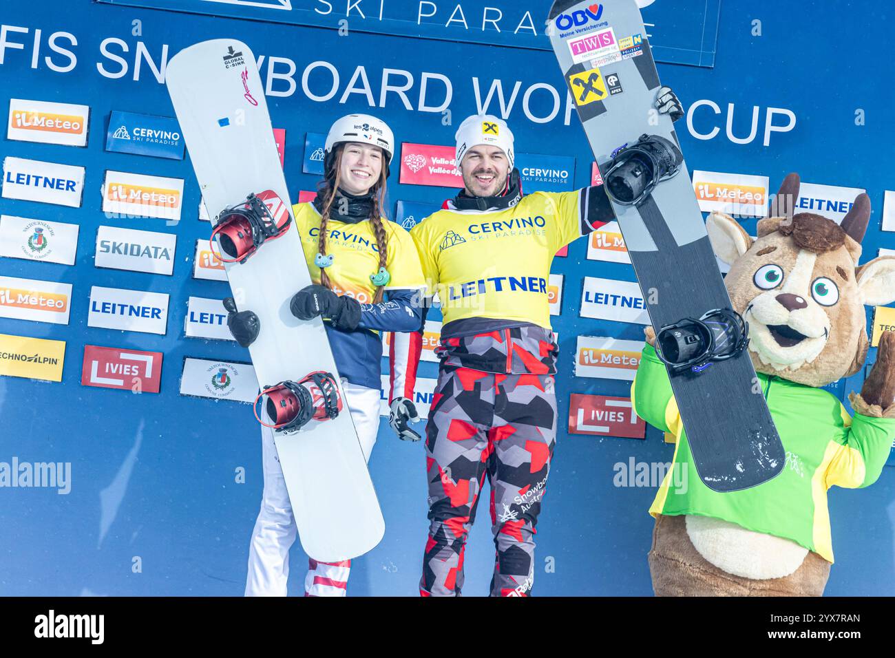 Lea Casta FRA and Jacob Dusek AUT, current leaders during FIS Snowboard ...