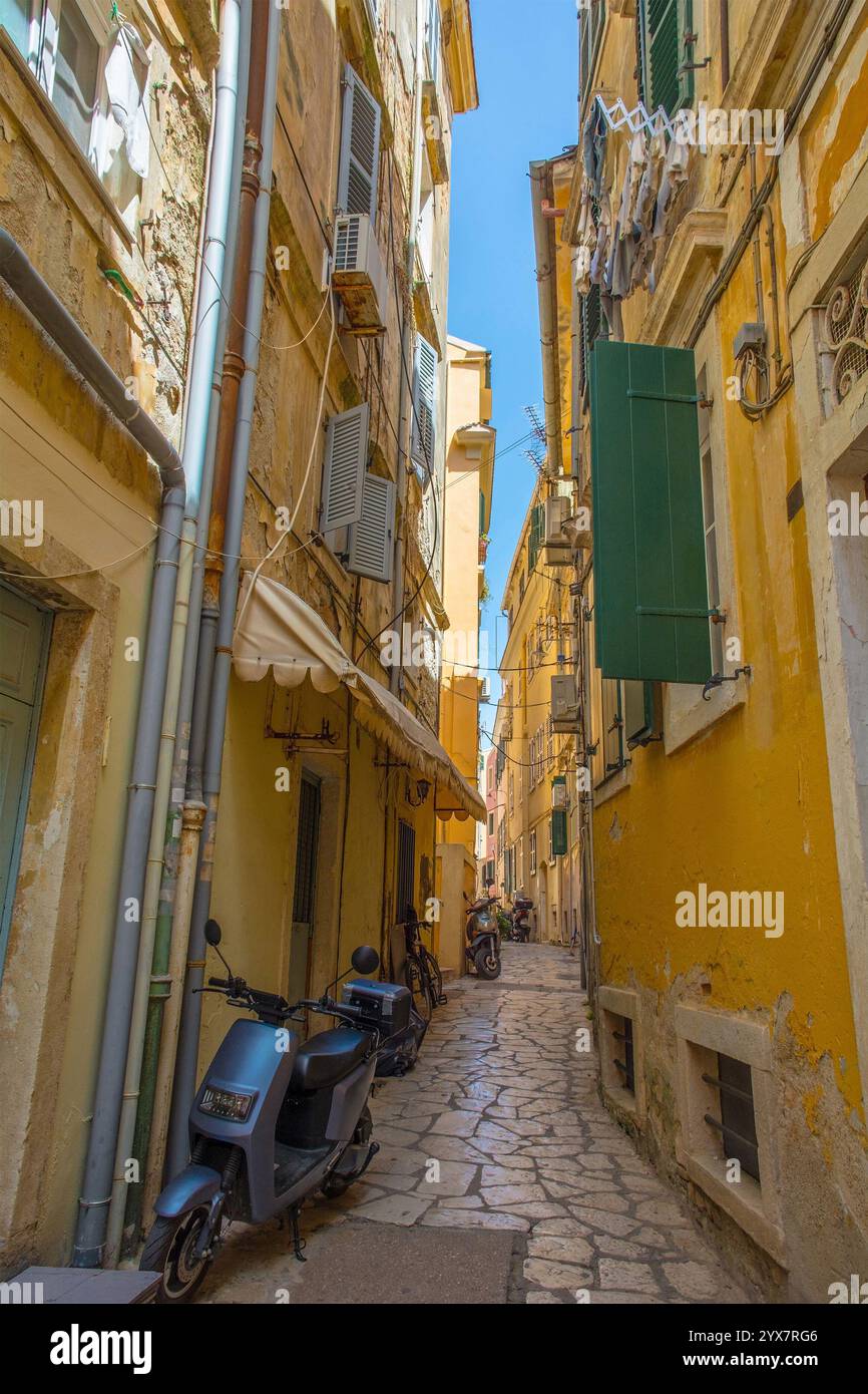 A quiet residential road in the historic centre of Corfu Old Town ...
