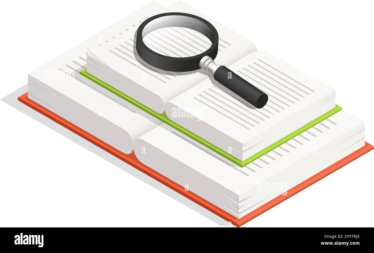 Open book resting on a surface, accompanied by a magnifying glass ...