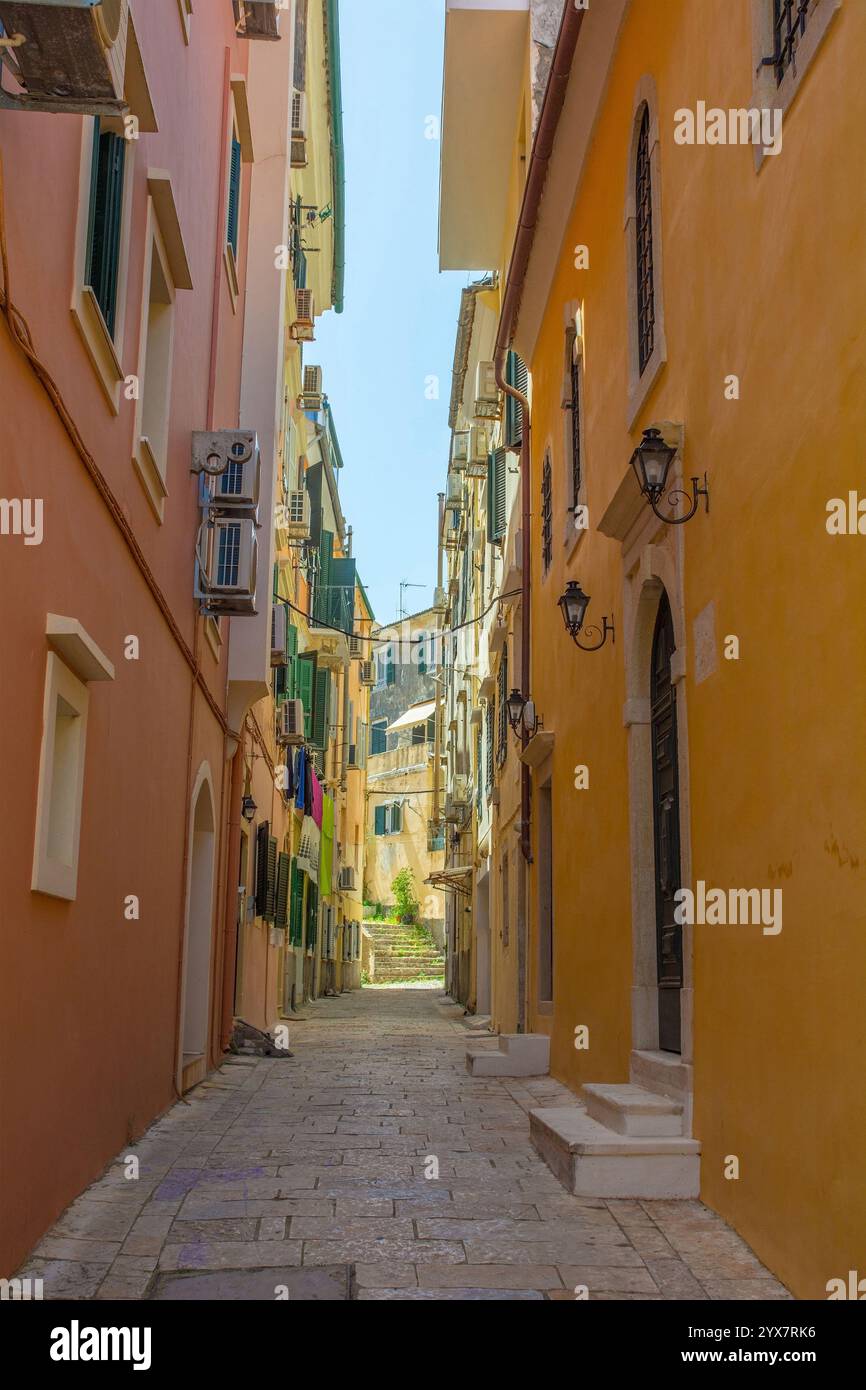 A quiet residential road in the historic centre of Corfu Old Town, Greece. UNESCO World Heritage ...