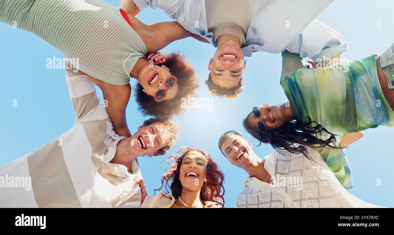 Happy people, portrait and below with circle in huddle for inclusion ...