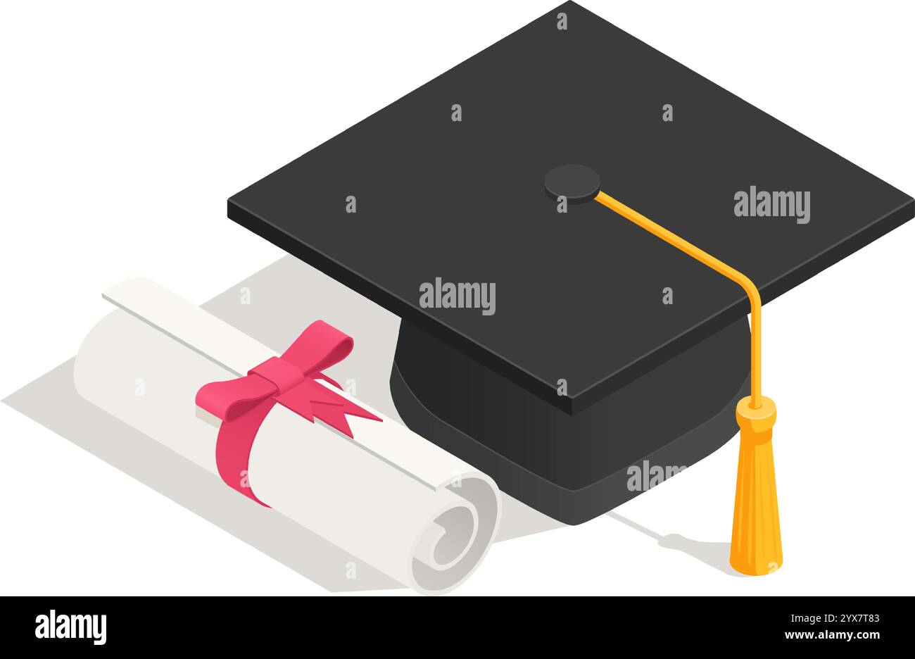 Graduation cap with golden tassel near rolled diploma tied with pink ...