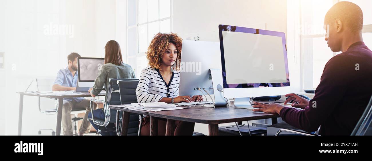 Business, people and typing on computer in office for reading article ...