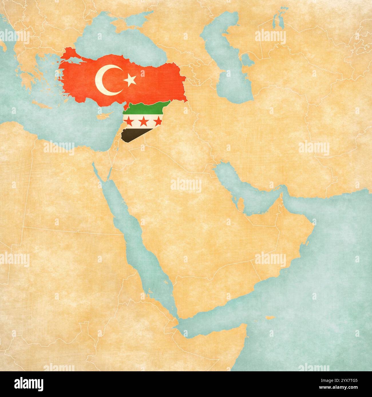 Syria and Turkey on the map of Middle East (Western Asia) in soft ...