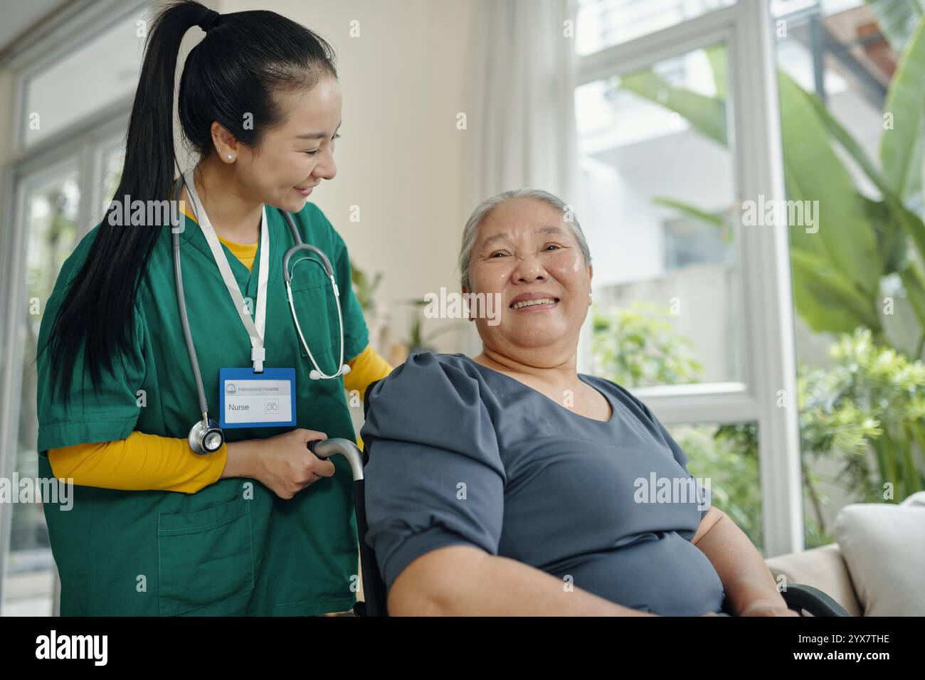 Social Worker Caring About Woman With Disability Stock Photo - Alamy