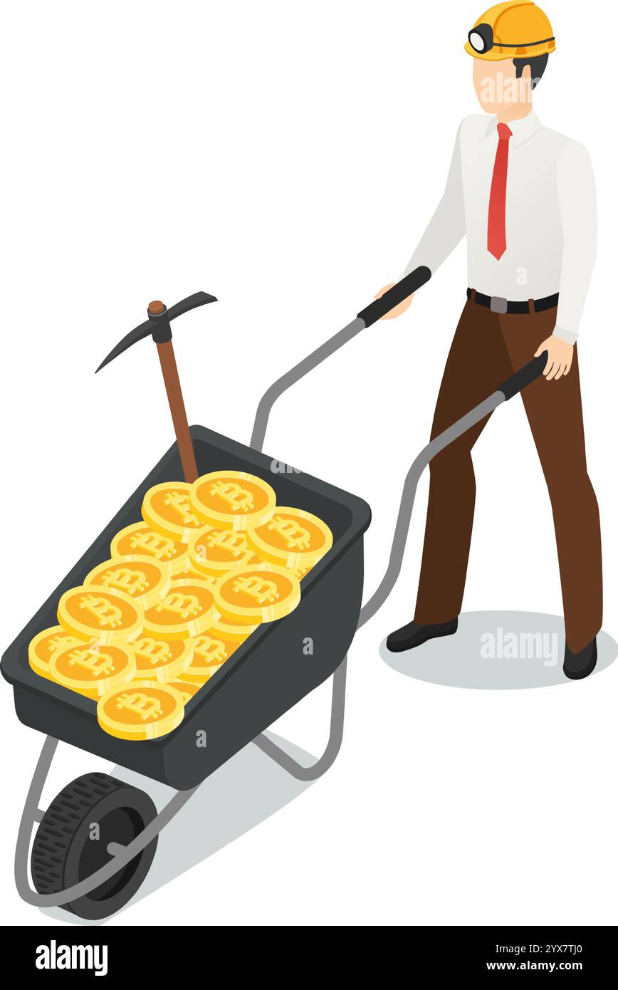 Businessman wearing a mining helmet and pushing a wheelbarrow full of ...
