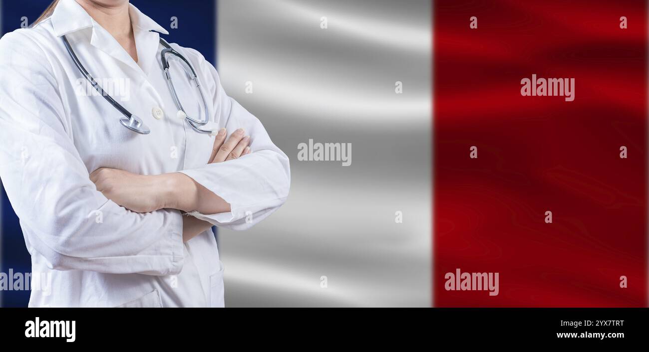 Doctor with crossed arms on France flag. France Health and Care concept ...