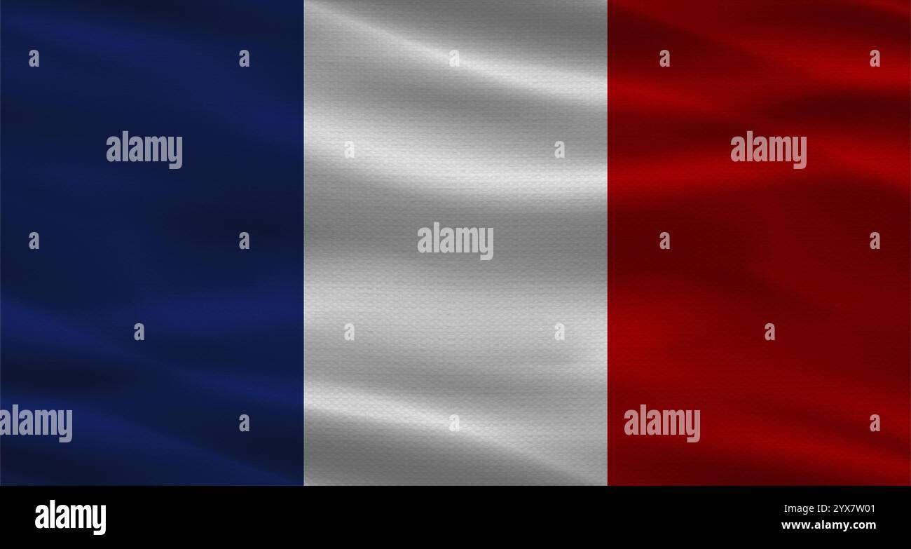 France flag with fabric texture waving. Close up of flag of France with ...