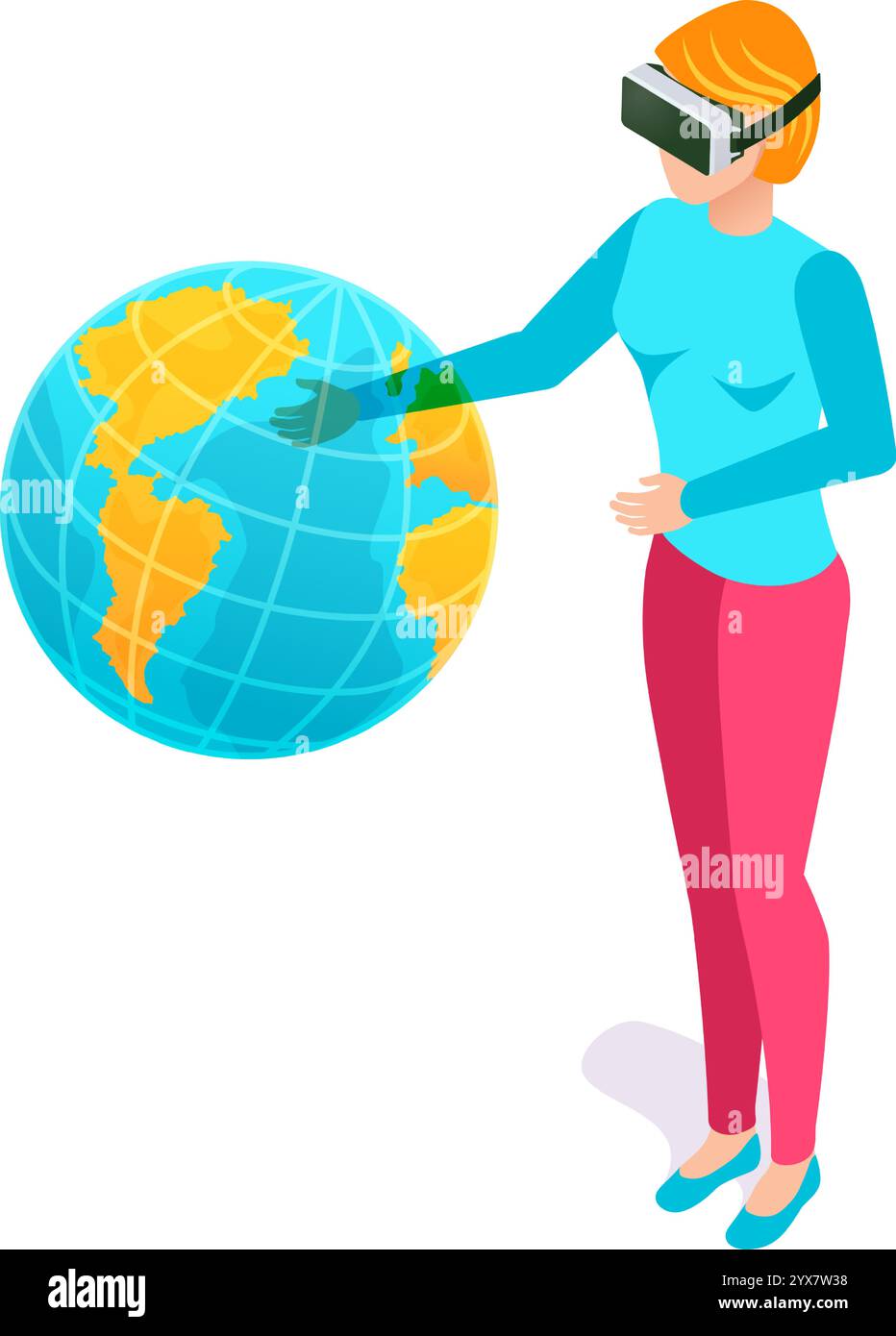 Woman wearing vr headset touching virtual earth globe with hand using augmented reality ...