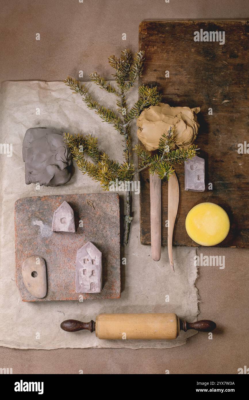 Flat lay of creative design beige pottery mood board. Pieces of raw ...