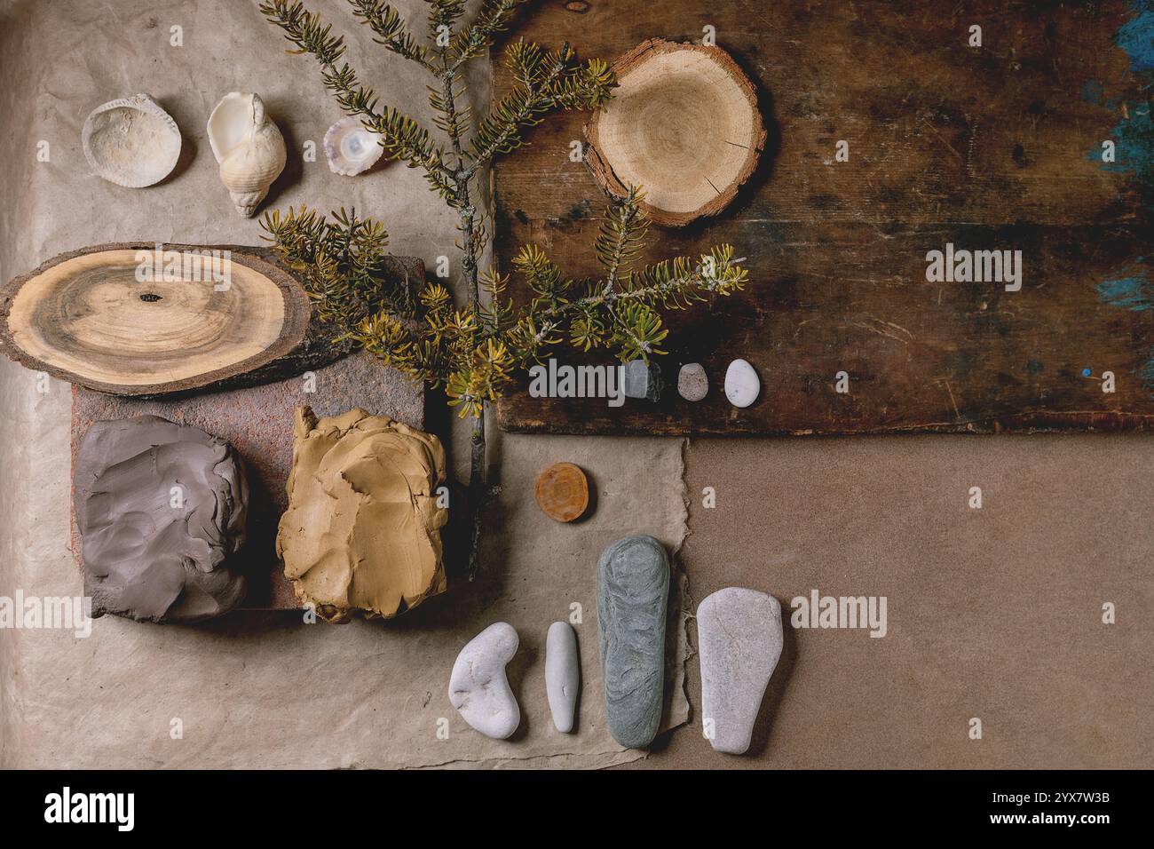 Flat lay of creative design beige pottery mood board. Pieces of raw ...