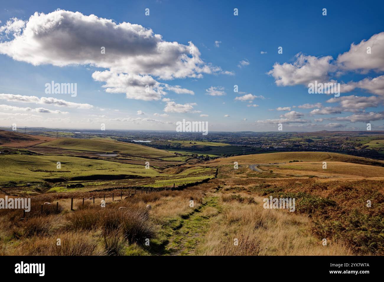 View along Blackstone Edge Roman Road to the Cheshire Plain, England ...