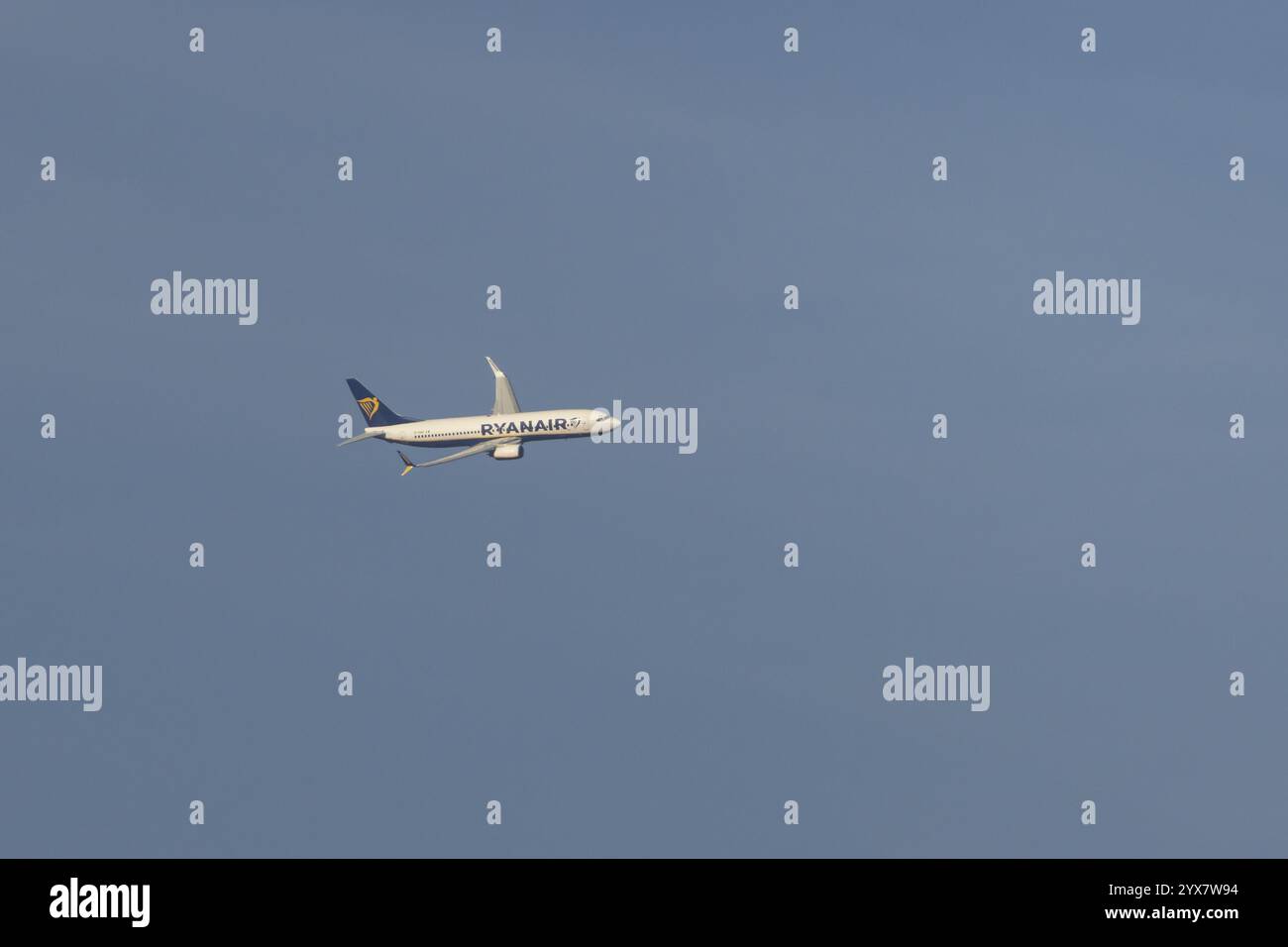 Boeing 737 jet passenger aircraft of Ryanair flying in a blue sky, Rome ...