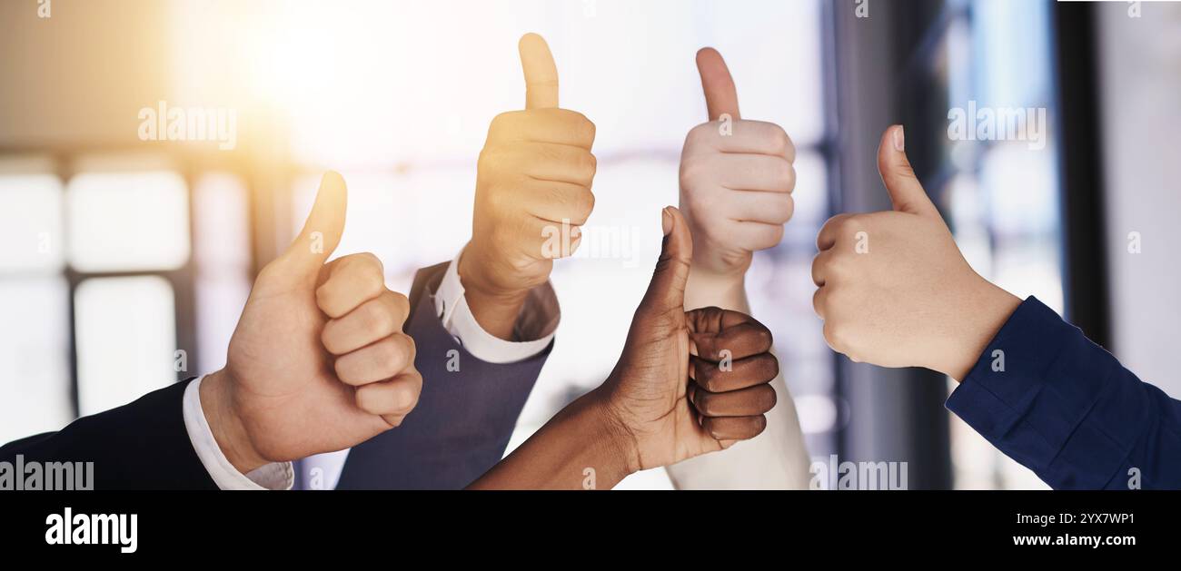 Collaboration, hands and thumbs up with business people closeup in ...