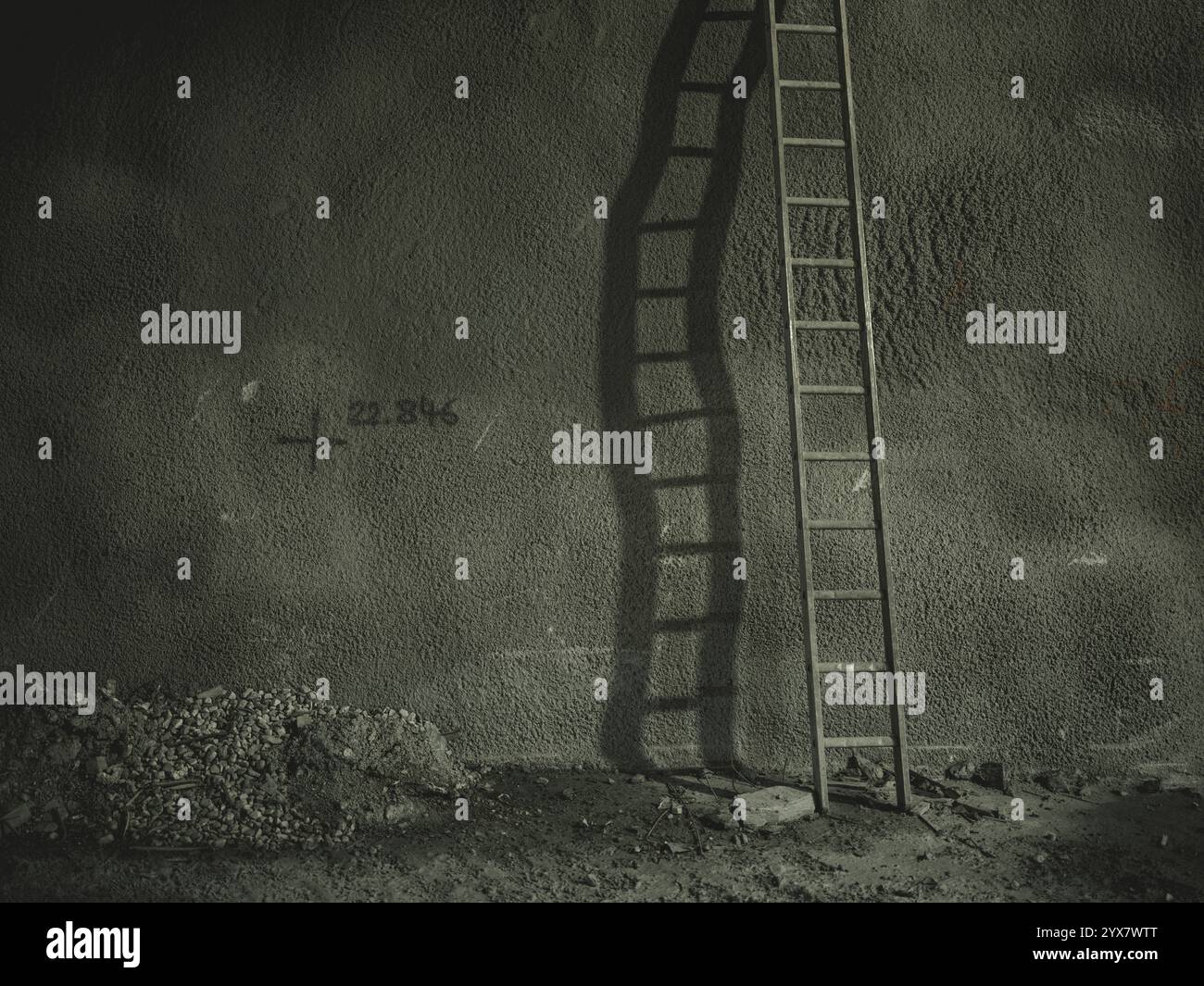 Ladder in a section of tunnel lined with shotcrete in construction lot ...