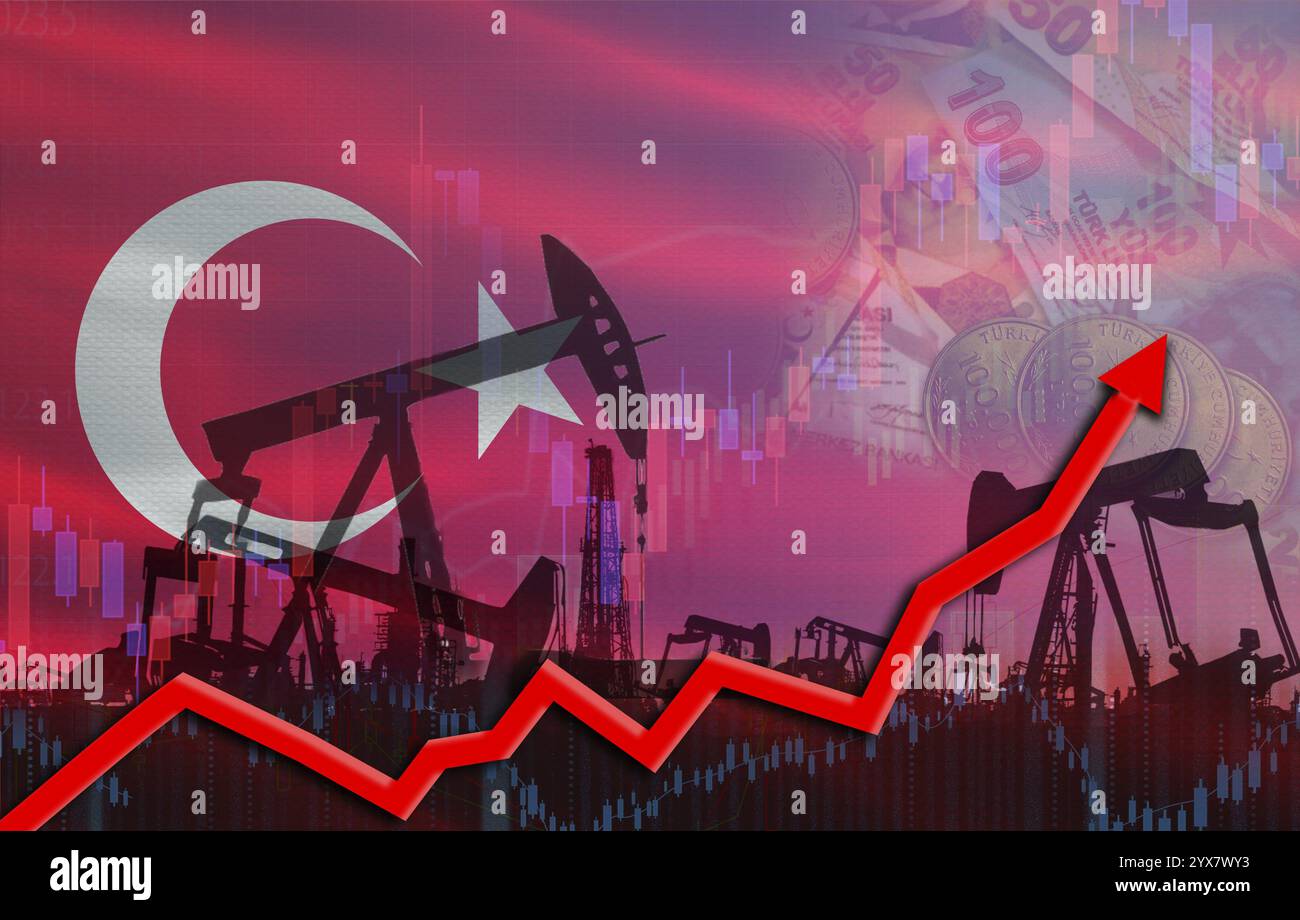 Oil production with Turkey flag, petrol industry. Oil pumps with Turkey ...