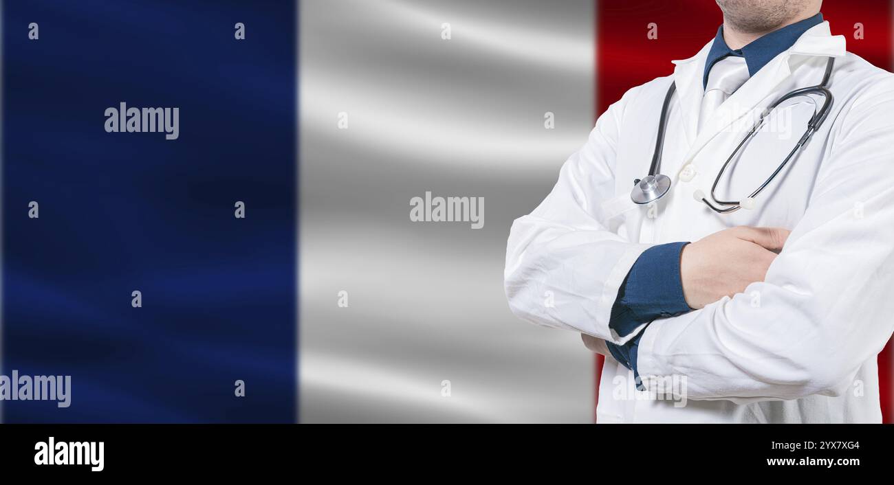 France Health and Care concept. Male doctor on France flag. Doctor with ...