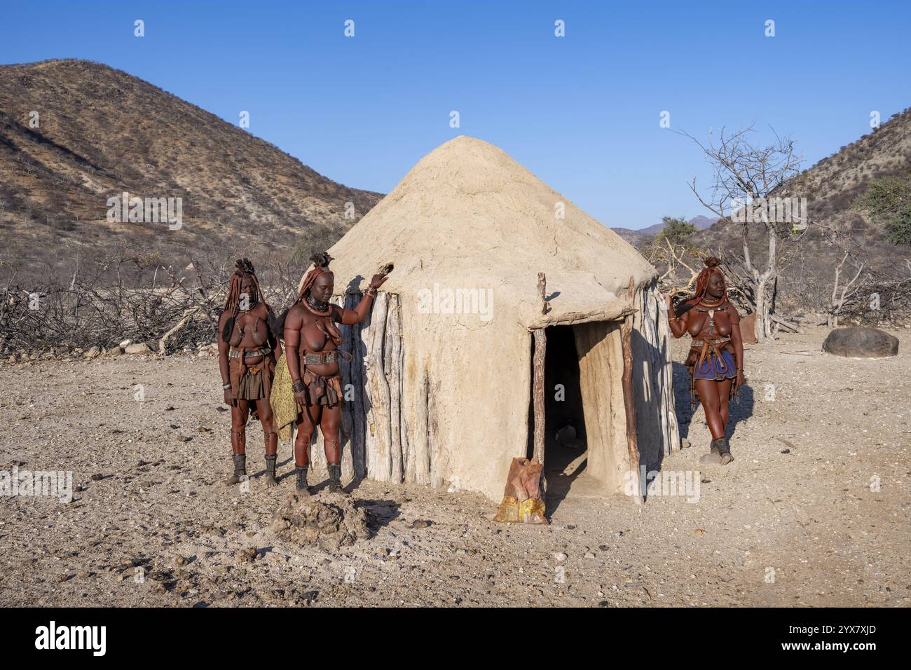 Married Himba woman leaning against a traditional mud house ...