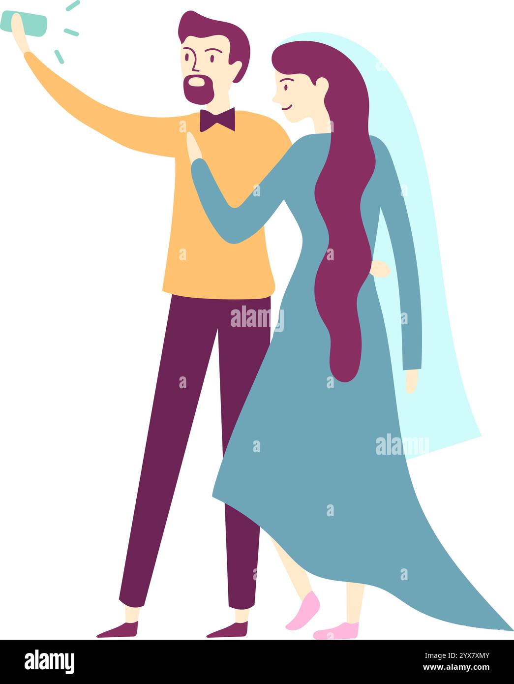 Happy newlyweds are taking a selfie with a smartphone, celebrating ...