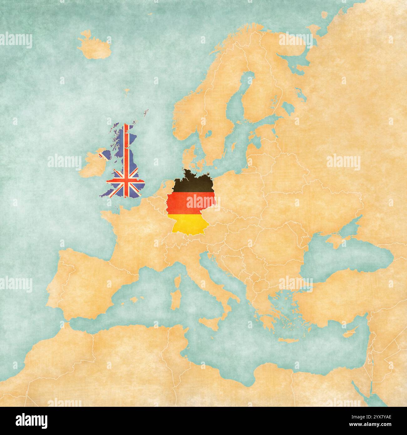 United Kingdom and Germany on the map of Europe in soft grunge and ...